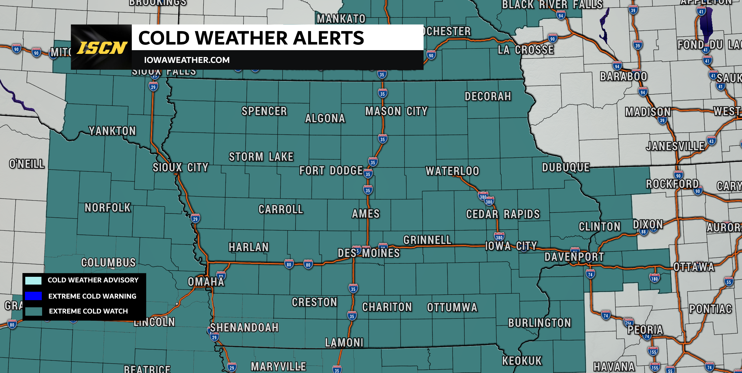Extreme Cold Watch Issued for All 99 Counties in Iowa